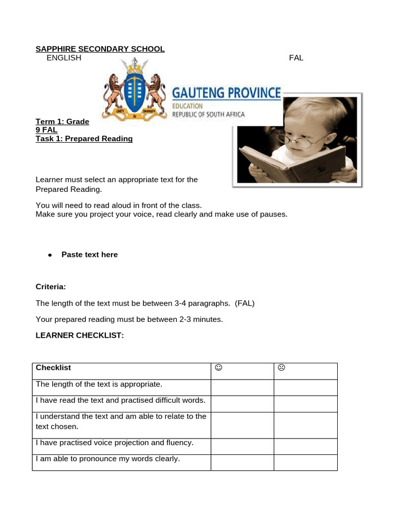 Grade 9 Eng FAL Task 1 Oral Prepared Reading | PDF | Cognition | Cognitive Science