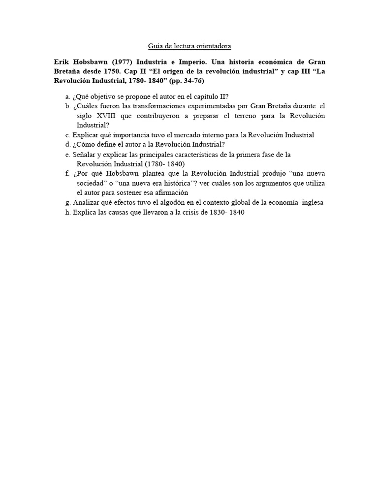 Gu-A de Lectura Orientadora - HOBSBAWN INDUSTRIA E IMPERIO | PDF