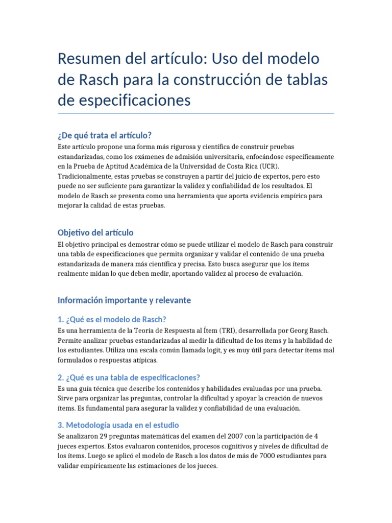 Resumen Modelo Rasch UCR | PDF | Validez (Estadísticas) | Evaluación