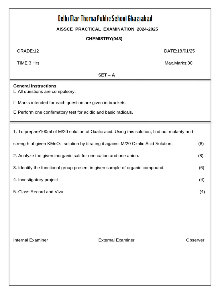 Class 12 Chemistry Practical Question Paper | PDF
