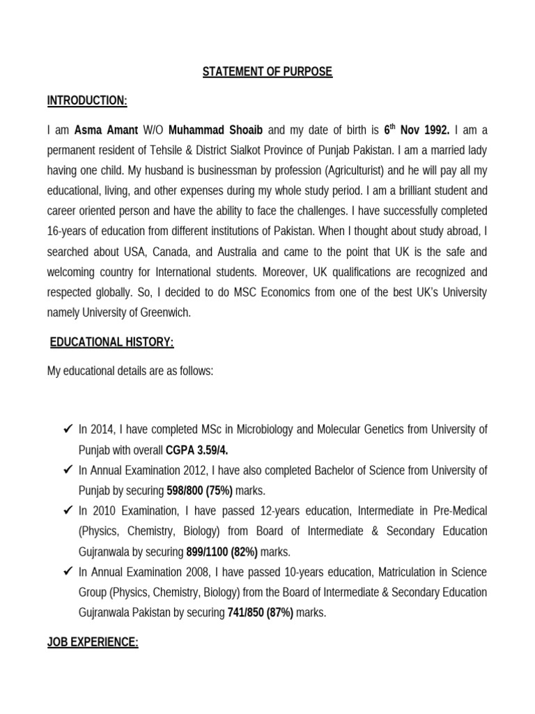 UK Study Visa Statement of Purpose | PDF | Cost Of Living | University