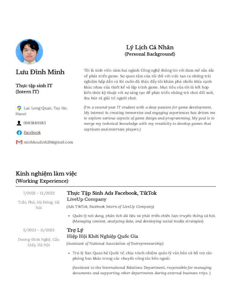 Lưu Đình Minh - IT Intern CV | PDF