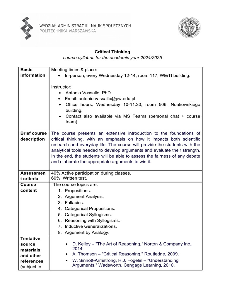 Critical Thinking - Course Syllabus 2024-2025 | PDF