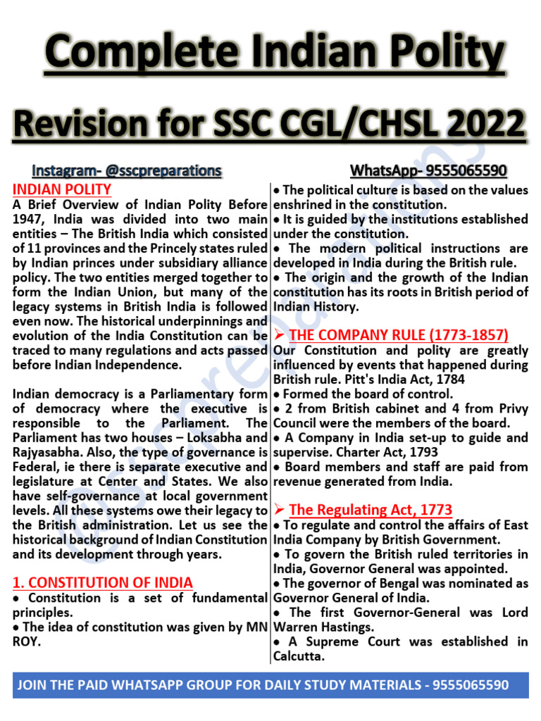 Complete Indian Polity Revision For SSC CGL CHSL 2022 | PDF ...