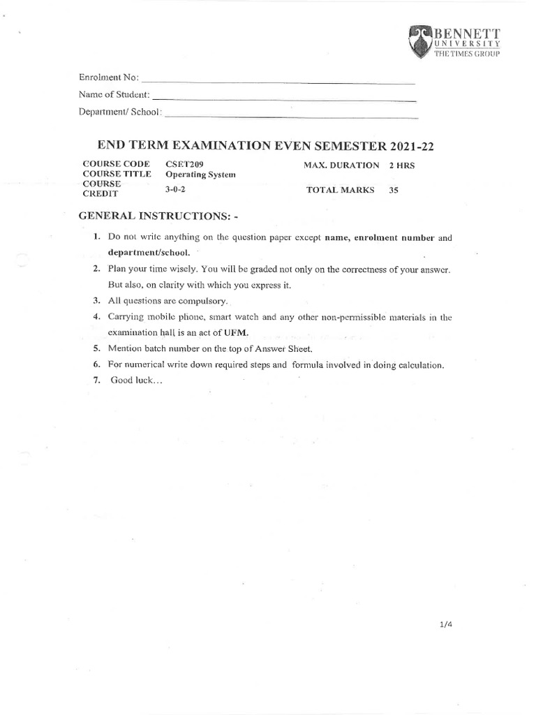 End Term 21 22 CSET209 OPERATING SYSTEM | PDF