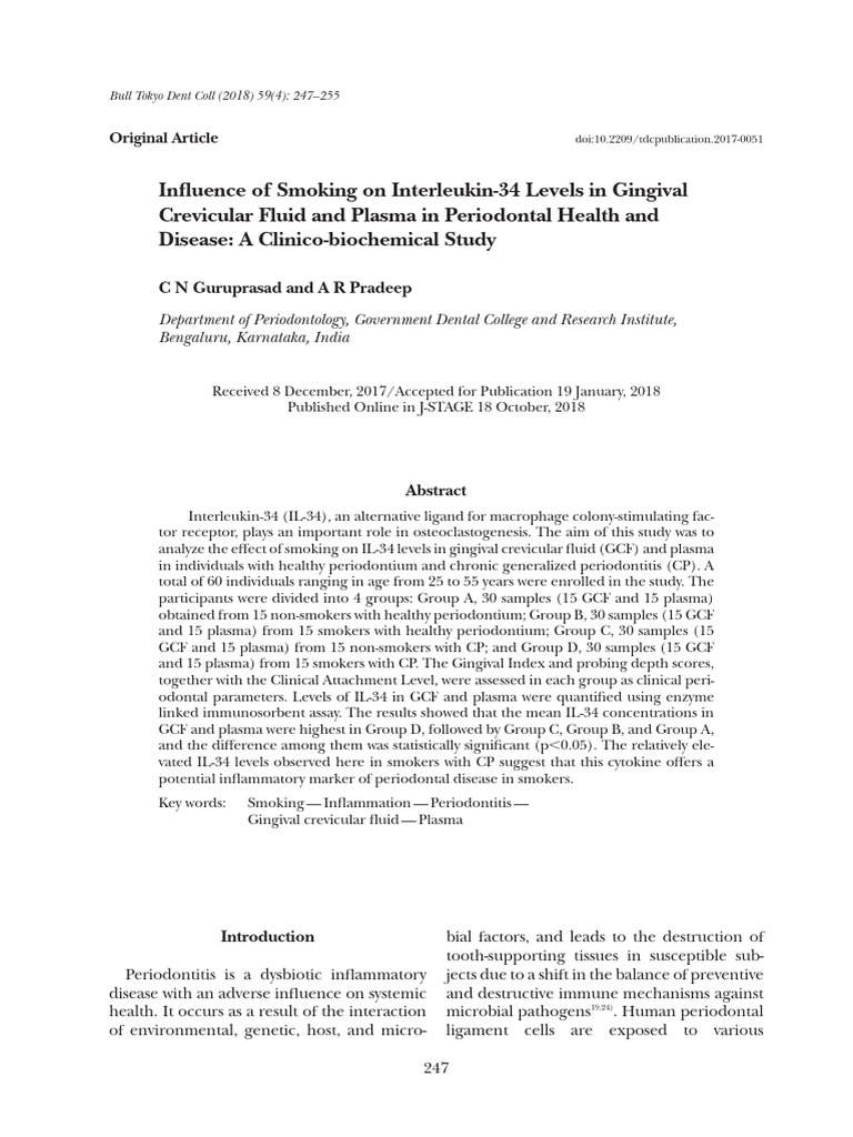 Influence of Smoking On Interleukin-34 Levels in Gingival Crevicular ...