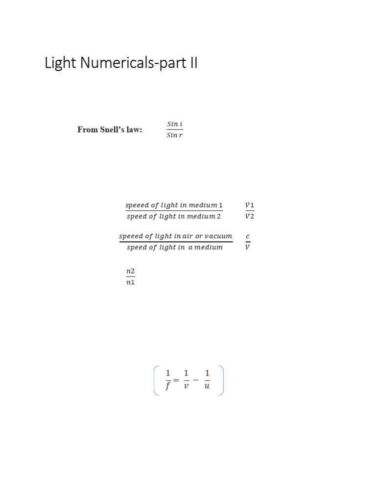 Light Numericals Part II | PDF | Refraction | Refractive Index