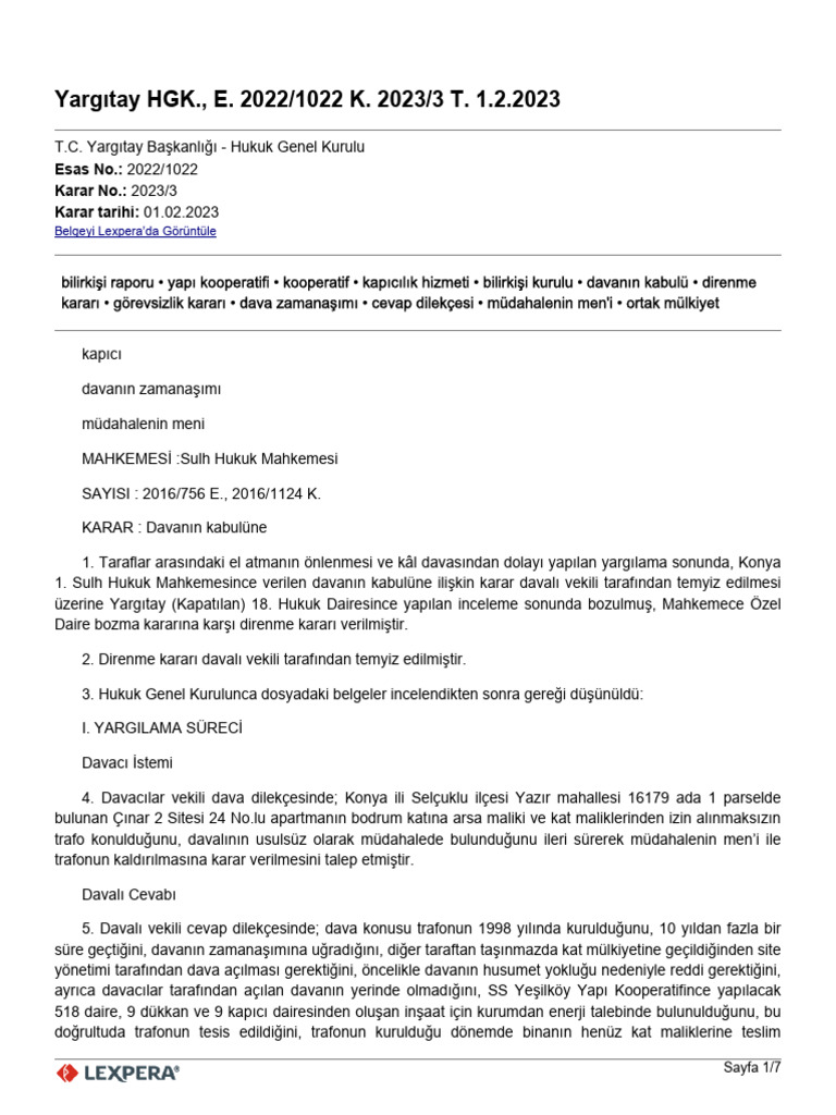 Hukuk Genel Kurulu e 2022 1022 K 2023 3 T 1 2 2023 1 | PDF