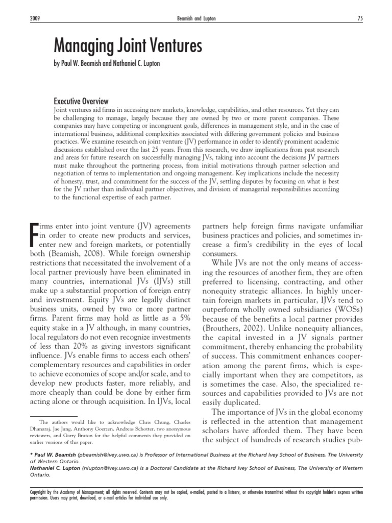 Managing Joint Venture | PDF