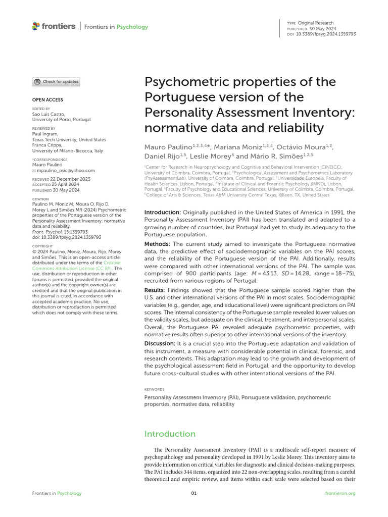 Paulino, Octávio Moura Et Al (2024) PAI Normative Data and Reliability ...