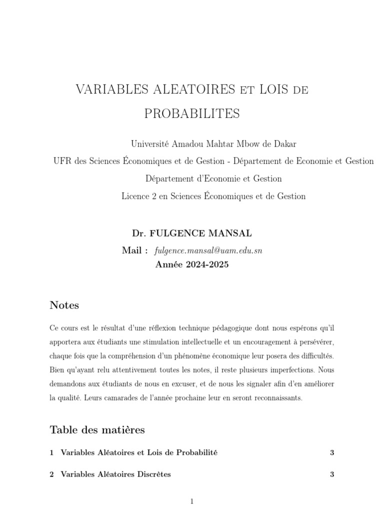 Variables-Aleatoires L2 | PDF | Loi de probabilité | Variance ...