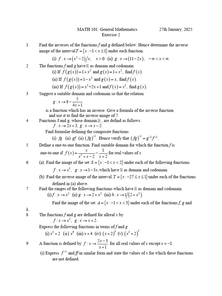 MATH 101 Exercise 2 (2024 2025) | PDF | Function (Mathematics) | Algebra
