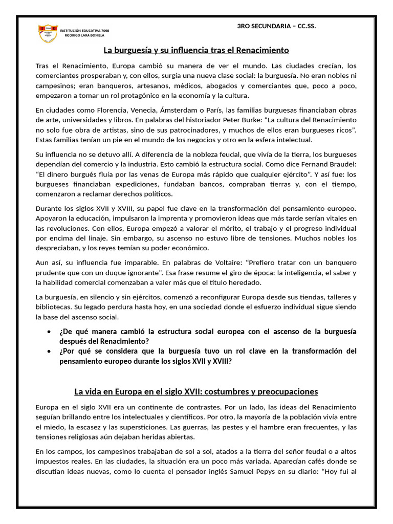 LECTURA 3RO Unidad 2 | PDF | Imperio ruso | Burguesía