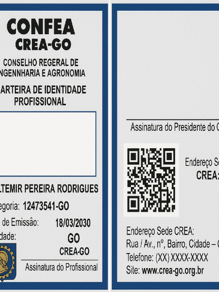 Carteirinha CREA GO Valtemir Pereira Rodrigues | PDF