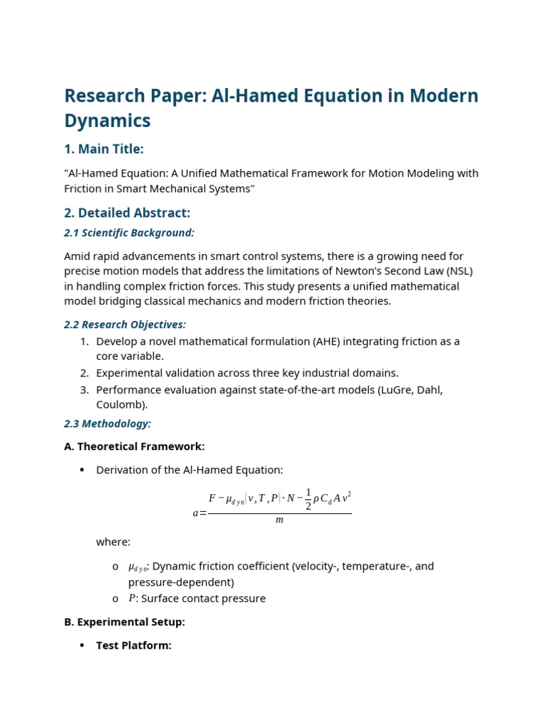 Al-Hamed Equation: A Unified Mathematical Framework For Motion Modeling With Friction in Smart ...
