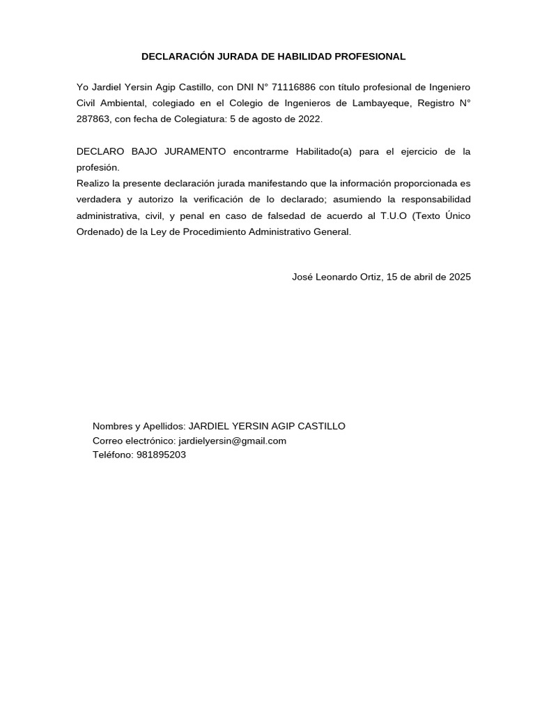 Declaración Jurada de Habilidad Profesional | PDF