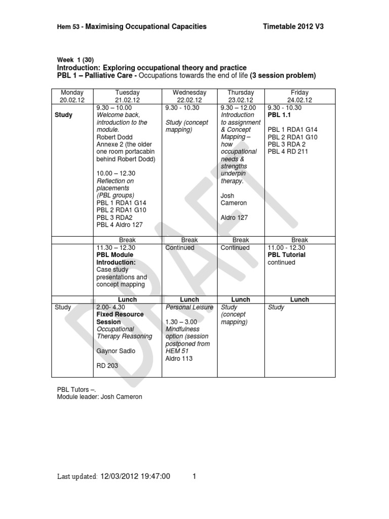 HEM 53 Timetable 2012 Ver 3 | PDF | Occupational Therapy | Physical Therapy