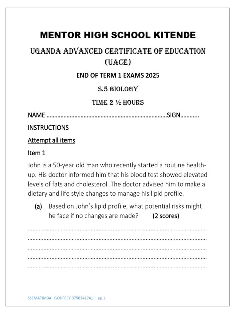 S.5 Biology Scenario Questions 2025 | PDF | Nutrients | Nutrition