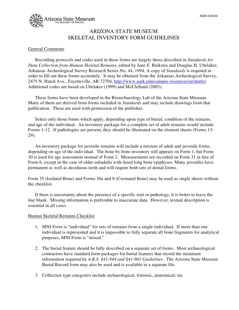 Arizona State Museum Skeletal Inventory Form Guidelines | Download Free ...