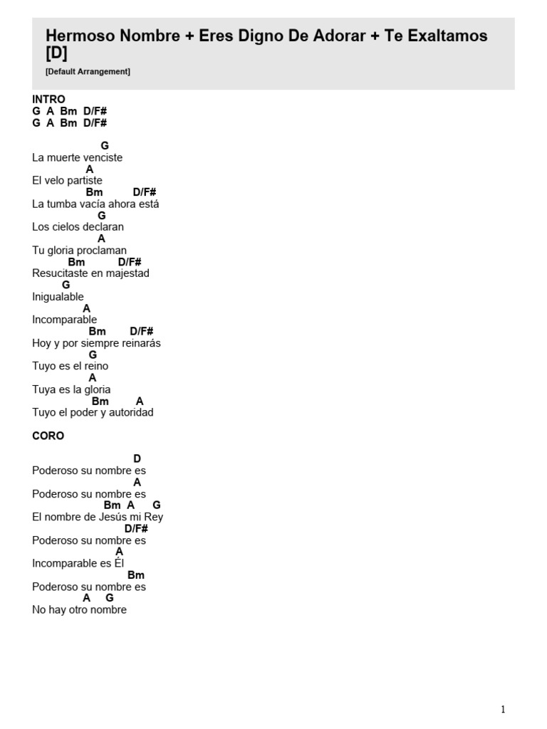 Hermoso Nombre + Eres Digno de Adorar + Te Exaltamos - D | PDF