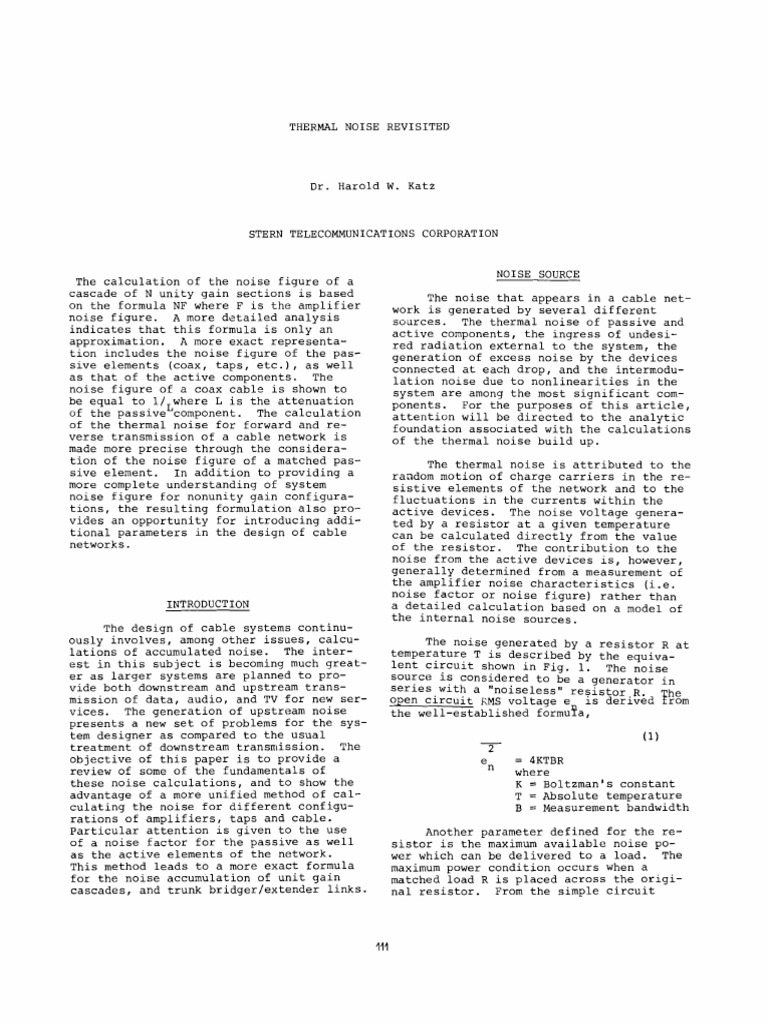Thermal Noise Analysis in Cable Networks | PDF | Amplifier | Resistor