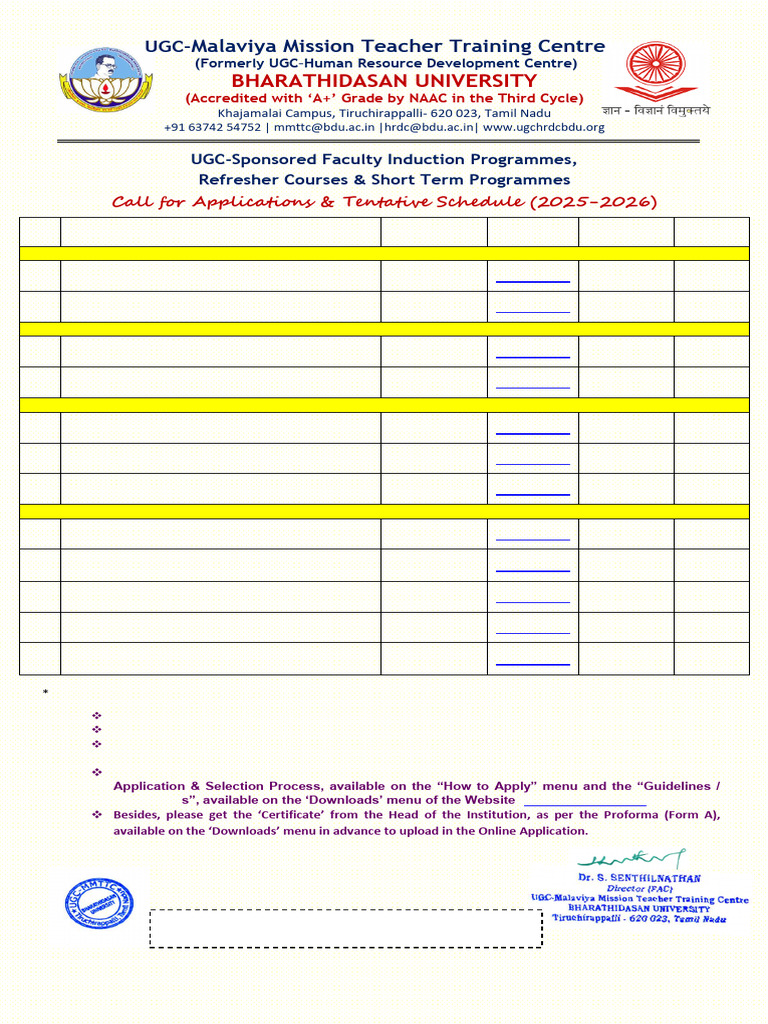 MMTTC-BDU-Tentative Schedule (2025-2026) | PDF