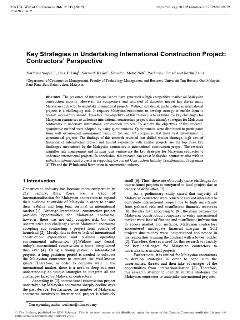 Key Strategies in Undertaking International Construction Project ...