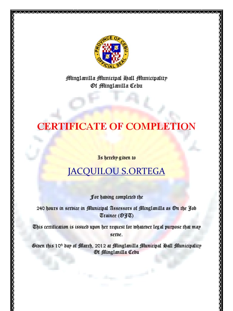 Certificate of Completion: Jacquilou S.Ortega | PDF | Philippines | Flag