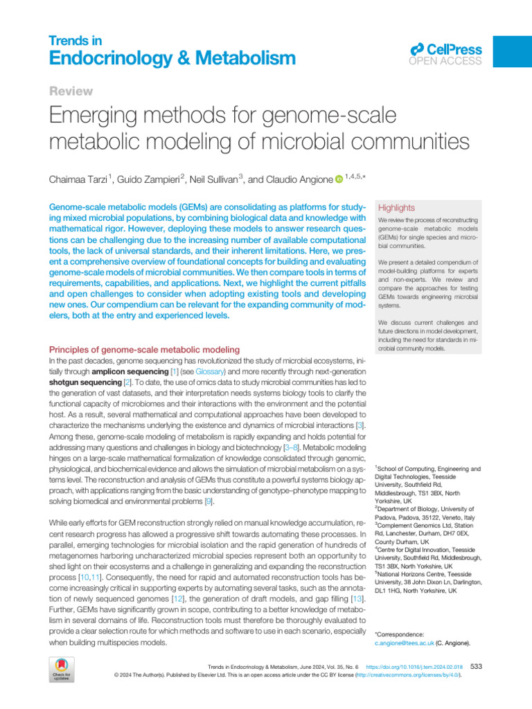 Emerging Methods For Genome-Scale Metabolic Modeling of Microbial Communities | PDF ...