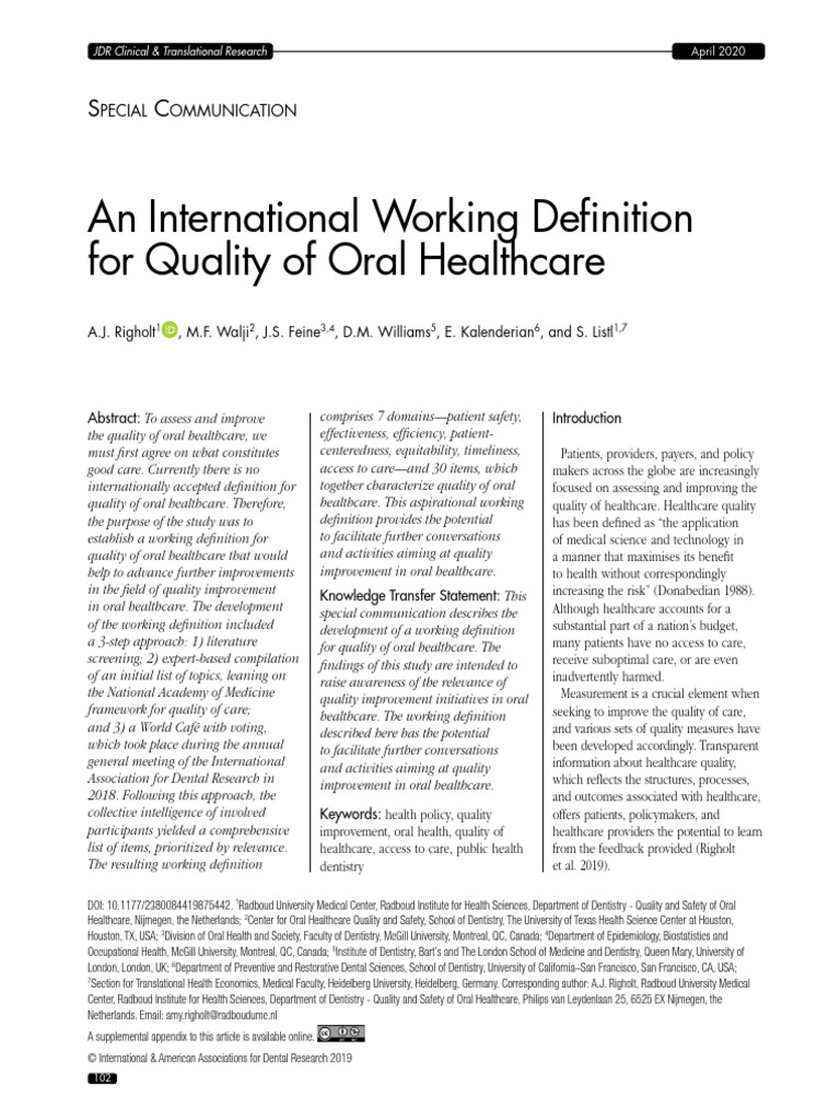 An international Working Definition for Quality of Oral Healthcare ...