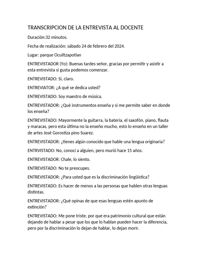 TRANSCRIPCION DE LA ENTREVISTA AL DOCENTE | PDF