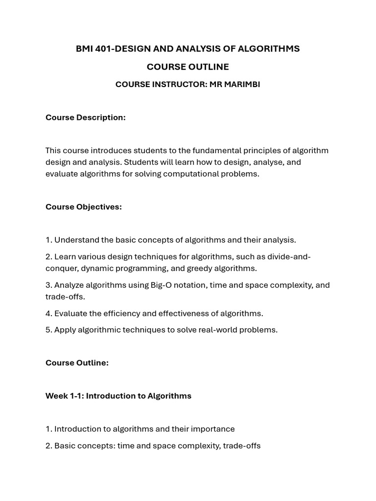 BMI 401-DESIGN AND ANALYSIS OF ALGORITHMS COURSE OUTLINE | PDF | Algorithms | Theoretical ...