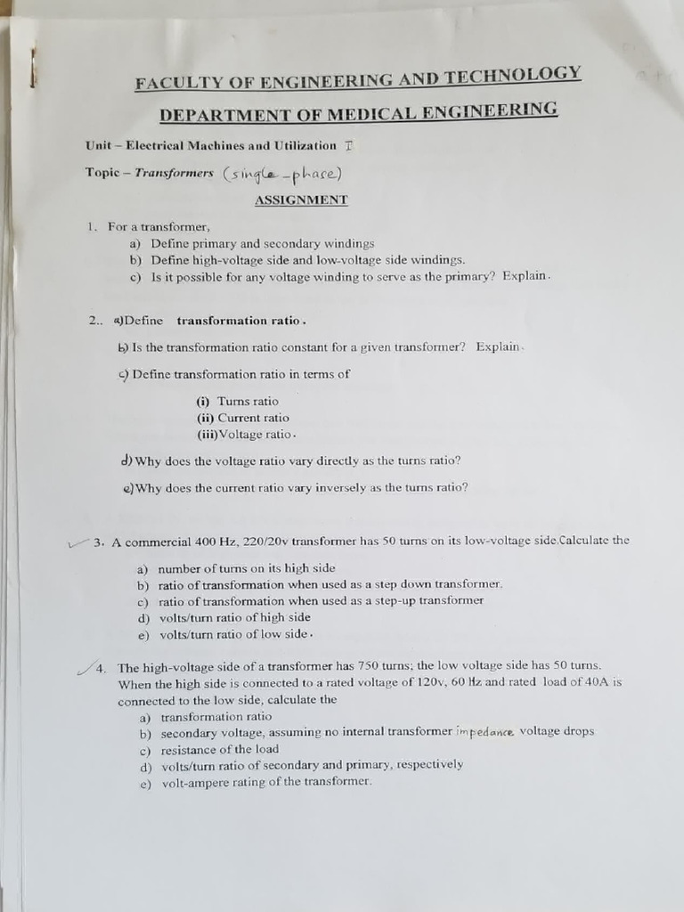 ELECTRICAL MACHINES 1 Assignments | PDF | Transformer | Mains Electricity