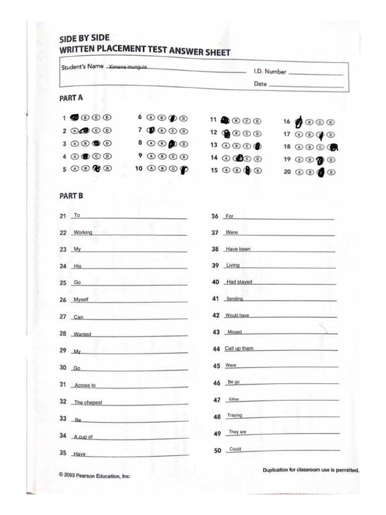 WRITTEN PLACEMENT TEST ANSWER SHEET | PDF