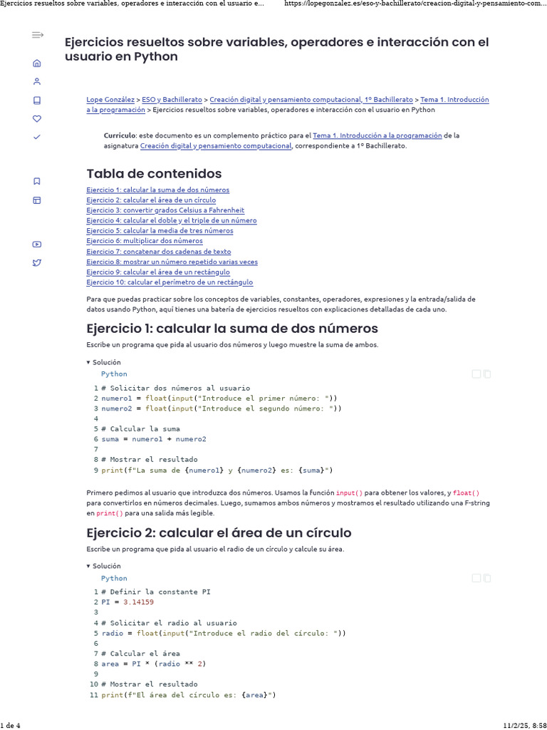 Ejercicios resueltos sobre variables, operadores e interacción con el usuario en Python_t1 | PDF ...