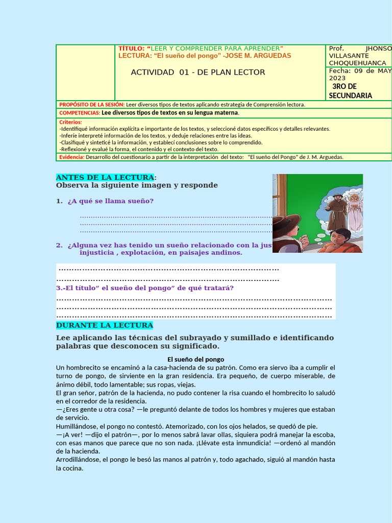 Actividad-Plan-Lector-Sueno-Del-Pongo-3ro-Secundaria | PDF | Metodos de aprendizaje | Lectura ...