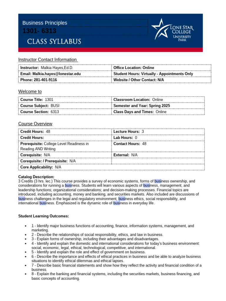 Business Principles 1301 Syllabus | PDF | Course Credit