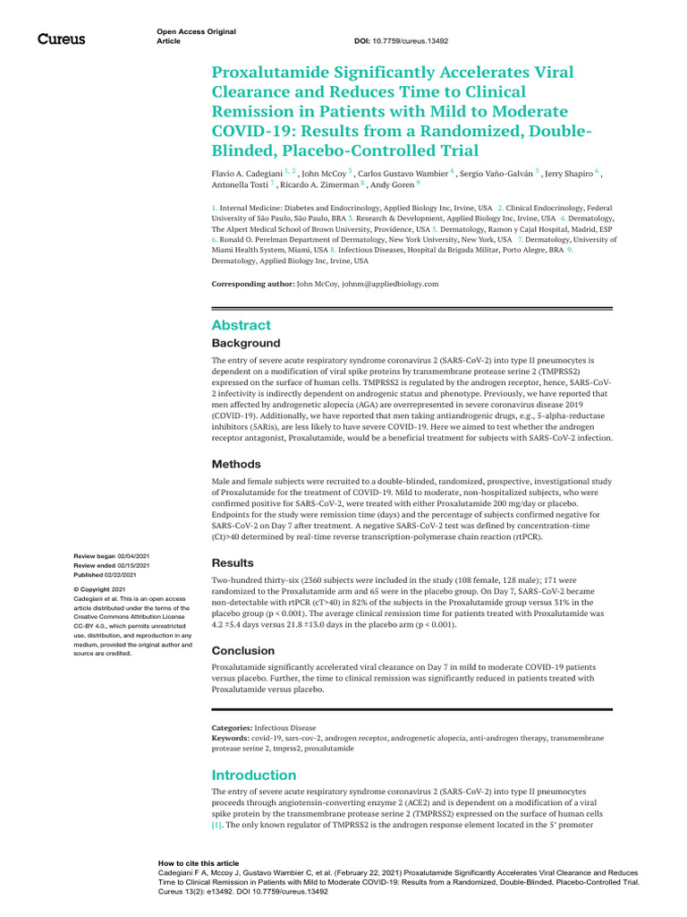 Proxalutamide Significantly Accelerates Viral Clearance and Reduces ...