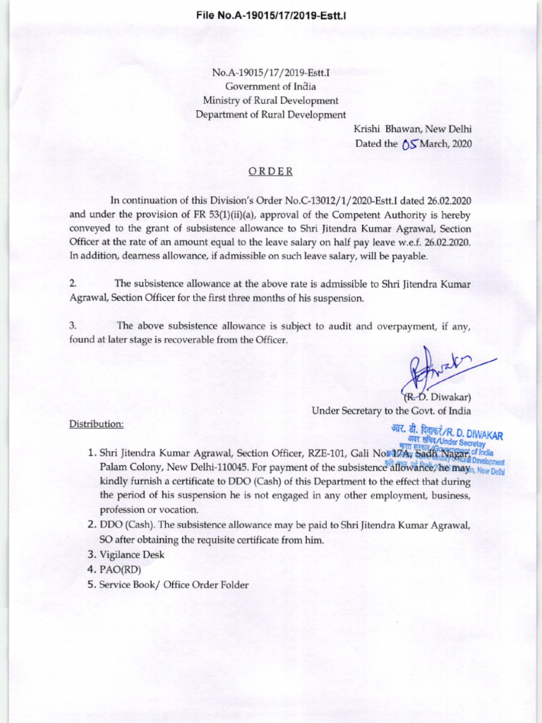 Subsistence Allowance To Shri JKA | PDF