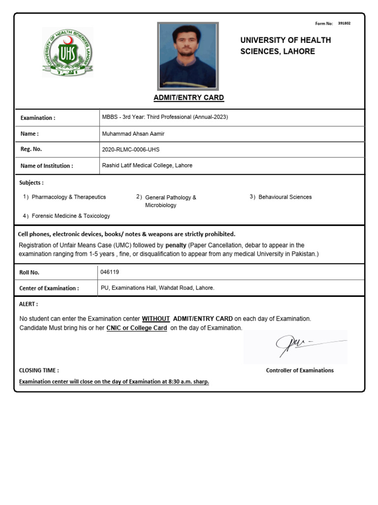 UHS Lahore MBBS 3rd Year Exam Card | PDF