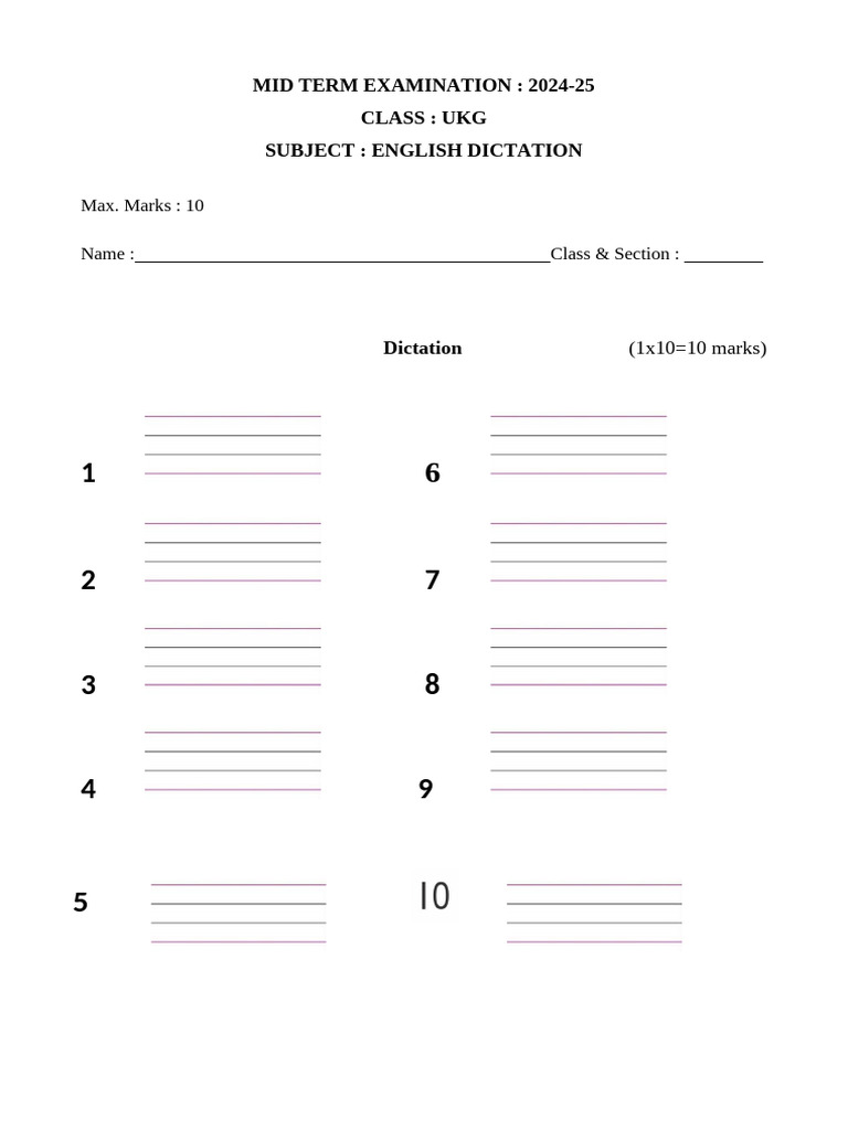 UKG English Dictation Mid Term Exam Question Paper | PDF