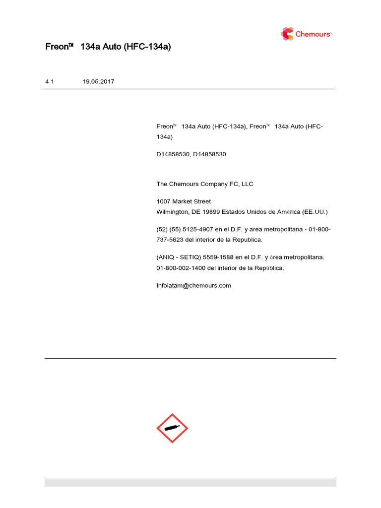 Freon (TM) 134a Auto (HFC-134a) | PDF | Agente oxidante