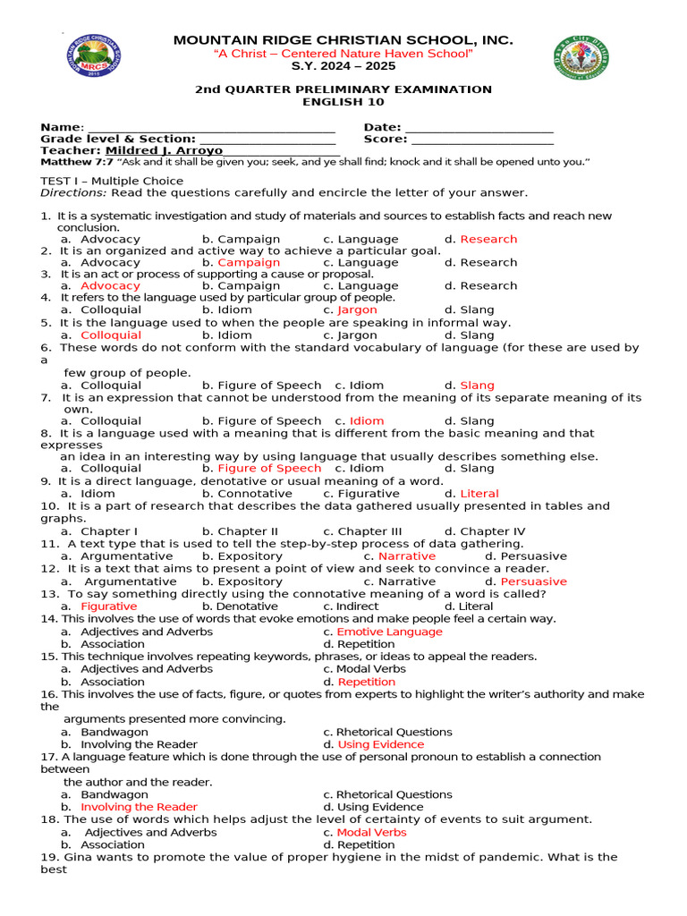 ENGLISH 10 With Answer Key | PDF | Adverb | Adjective