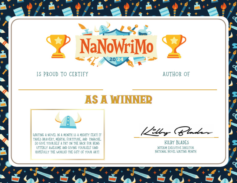 NaNoWriMo 2024 Winners Certificate Fillable | PDF