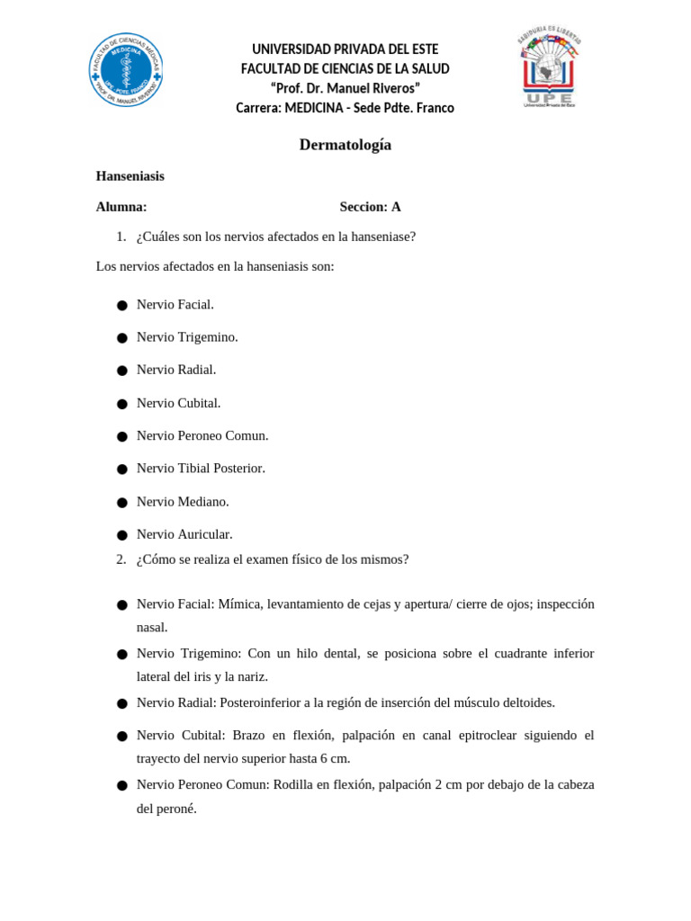 Nervios Afectados en Hanseniasis y Examen | PDF