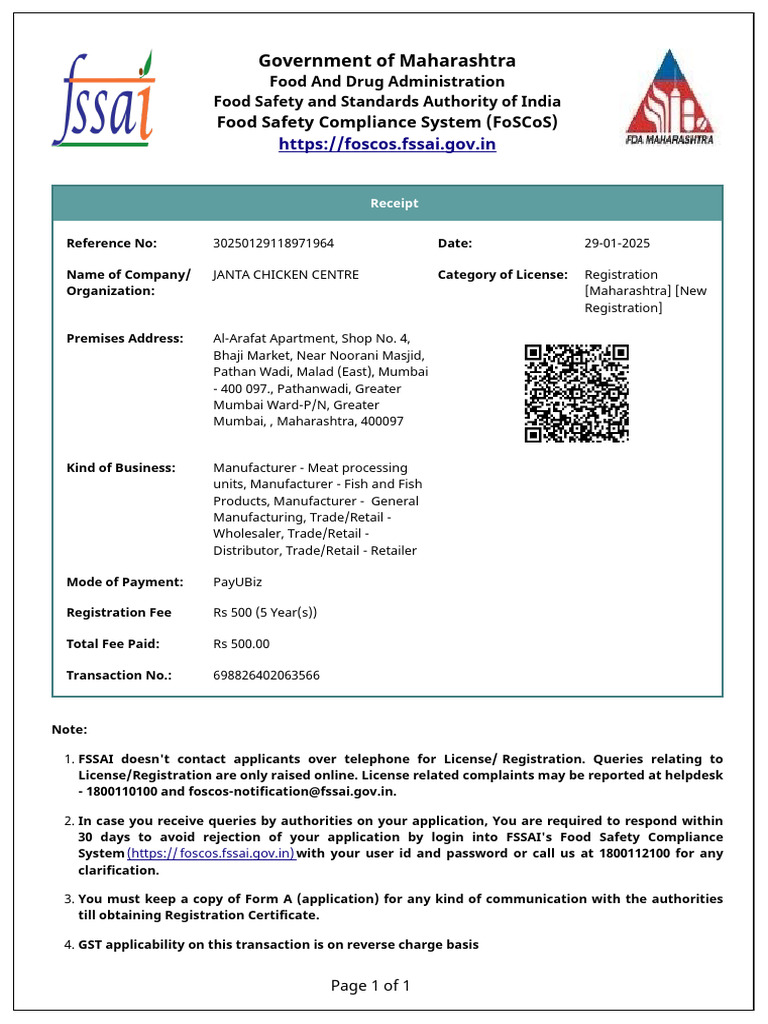 Janta Chicken Centre FSSAI Registration | PDF