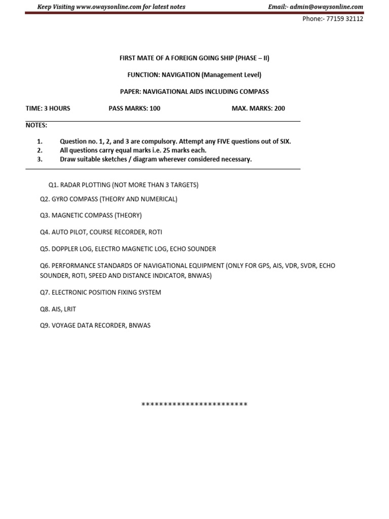 Navigational Aids Chief Mate F.G. Phase 2 Question Papers Till Nov24 ...
