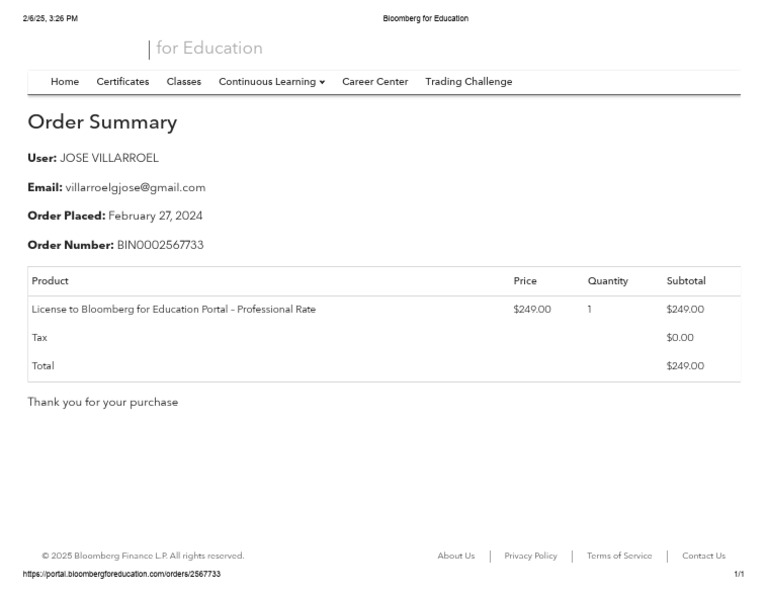 Order Summary for Bloomberg Education License | PDF