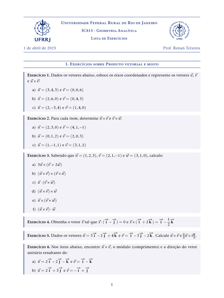 Lista03 Produto Vetorial e Misto | PDF | Vetor euclidiano | Álgebra
