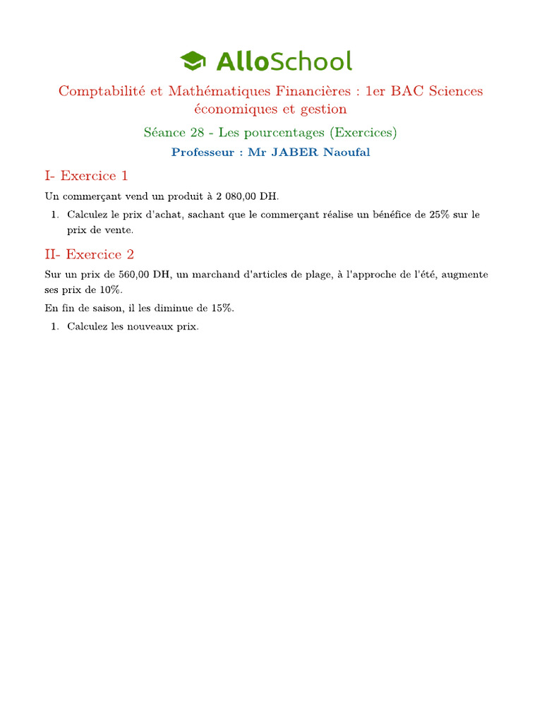 Seance 28 Les Pourcentages Exercices | PDF